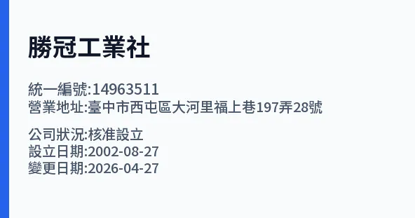 勝冠工業社的照片-統編 14963511(臺中市) 公司登記資料與營業項目詳細圖表