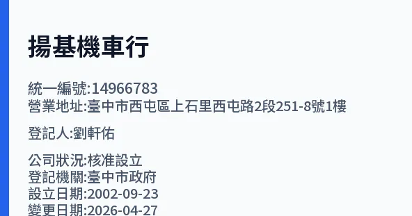揚基機車行的照片-統編 14966783(臺中市) 公司登記資料與營業項目詳細圖表