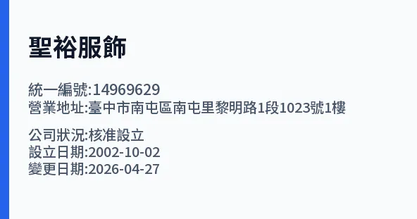 聖裕服飾的照片-統編 14969629(臺中市) 公司登記資料與營業項目詳細圖表