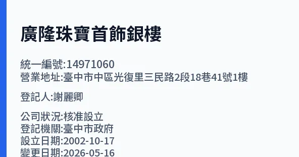 廣隆珠寶首飾銀樓的照片-統編 14971060(臺中市) 公司登記資料與營業項目詳細圖表