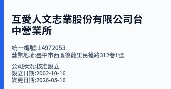 互愛人文志業股份有限公司台中營業所的照片-統編 14972053(臺中市) 公司登記資料與營業項目詳細圖表