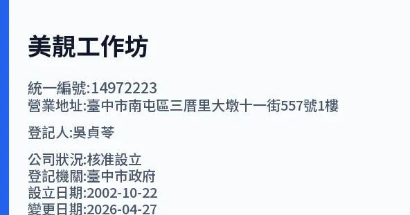 美靚工作坊的照片-統編 14972223(臺中市) 公司登記資料與營業項目詳細圖表