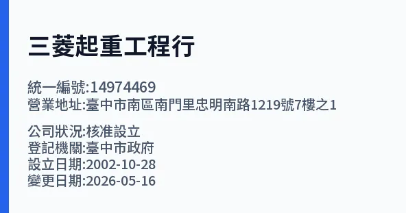 三菱起重工程行的照片-統編 14974469(臺中市) 公司登記資料與營業項目詳細圖表