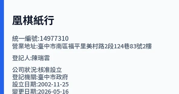 凰棋紙行的照片-統編 14977310(臺中市) 公司登記資料與營業項目詳細圖表