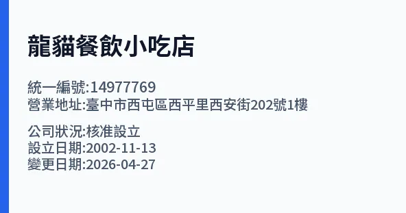 龍貓餐飲小吃店的照片-統編 14977769(臺中市) 公司登記資料與營業項目詳細圖表