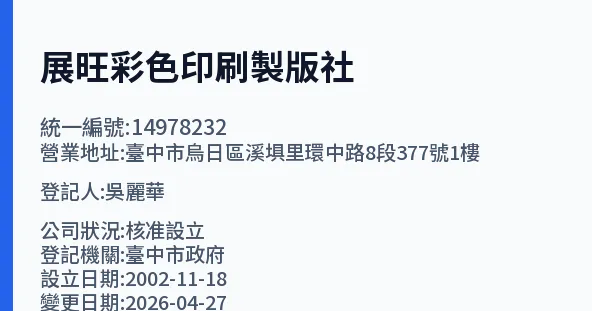 展旺彩色印刷製版社的照片-統編 14978232(臺中市) 公司登記資料與營業項目詳細圖表