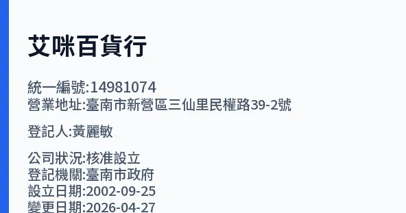 艾咪百貨行的照片-統編 14981074(臺南市) 公司登記資料與營業項目詳細圖表