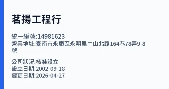 茗揚工程行的照片-統編 14981623(臺南市) 公司登記資料與營業項目詳細圖表