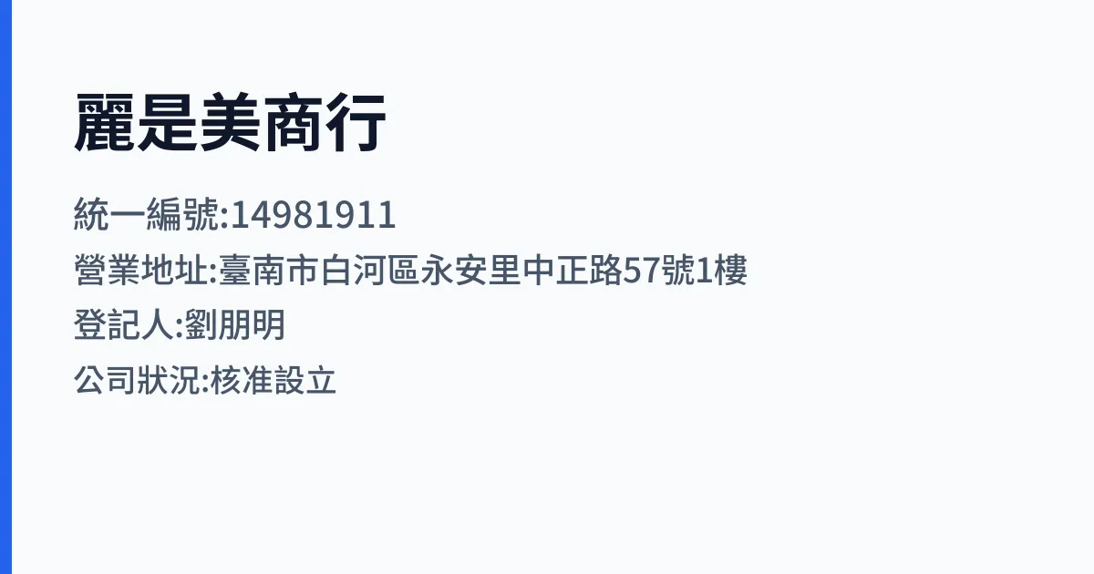 麗是美商行 - 統編 14981911(臺南市) 公司登記資料與營業項目詳細圖表