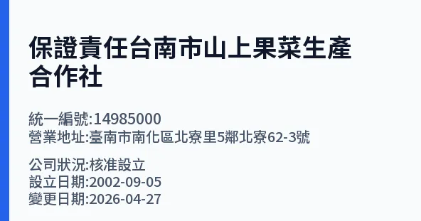 保證責任台南市山上果菜生產合作社的照片-統編 14985000(臺南市) 公司登記資料與營業項目詳細圖表