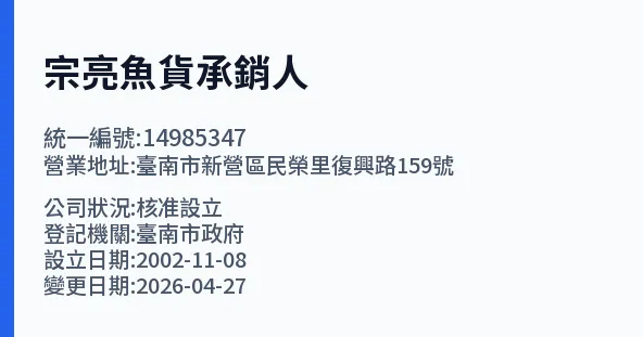 宗亮魚貨承銷人的照片-統編 14985347(臺南市) 公司登記資料與營業項目詳細圖表