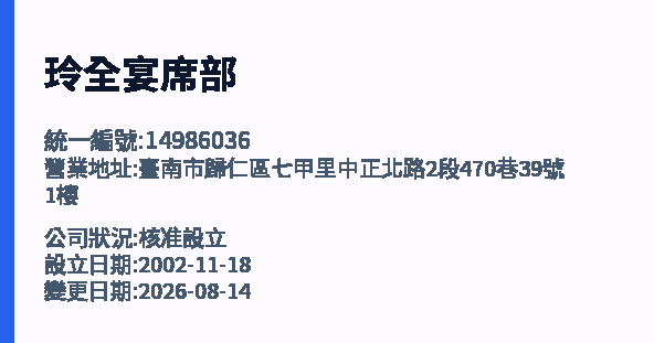 玲全宴席部的照片-統編 14986036 公司登記資料與營業項目詳細圖表