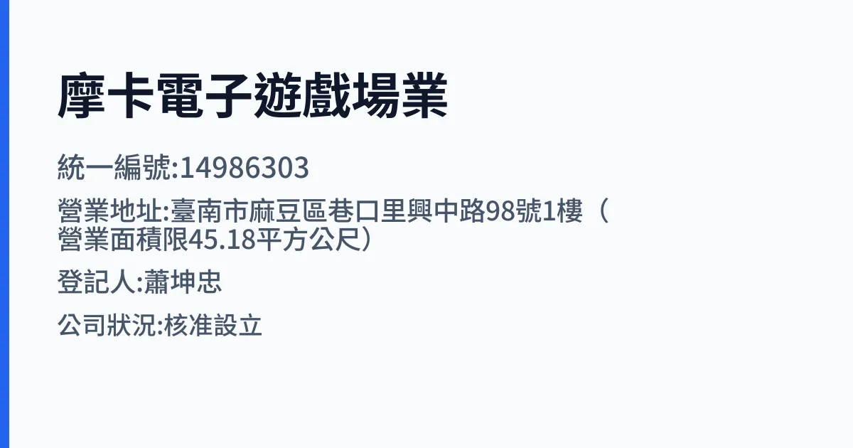摩卡電子遊戲場業 - 統編 14986303(臺南市) 公司登記資料與營業項目詳細圖表
