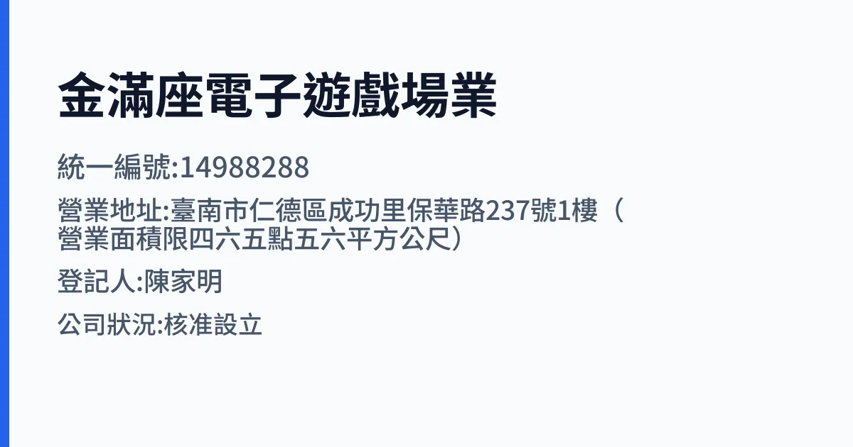 金滿座電子遊戲場業 - 統編 14988288(臺南市) 公司登記資料與營業項目詳細圖表