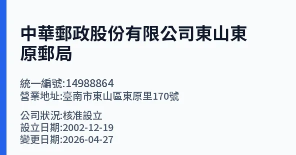 中華郵政股份有限公司東山東原郵局的照片-統編 14988864(臺南市) 公司登記資料與營業項目詳細圖表