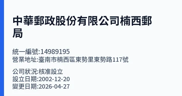 中華郵政股份有限公司楠西郵局的照片-統編 14989195(臺南市) 公司登記資料與營業項目詳細圖表
