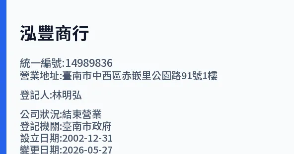 泓豐商行的照片-統編 14989836(臺南市) 公司登記資料與營業項目詳細圖表