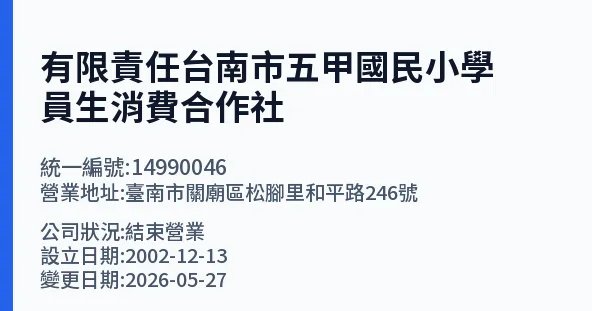 有限責任台南市五甲國民小學員生消費合作社的照片-統編 14990046(臺南市) 公司登記資料與營業項目詳細圖表
