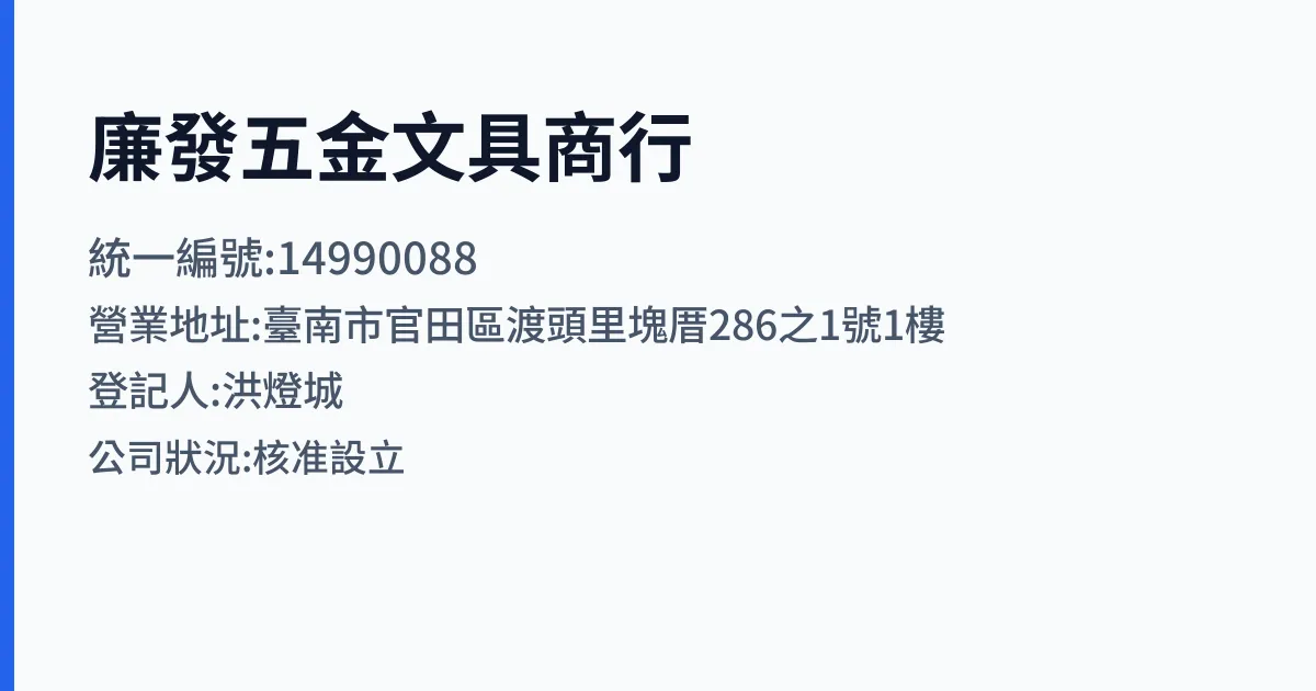 廉發五金文具商行 - 統編 14990088(臺南市) 公司登記資料與營業項目詳細圖表
