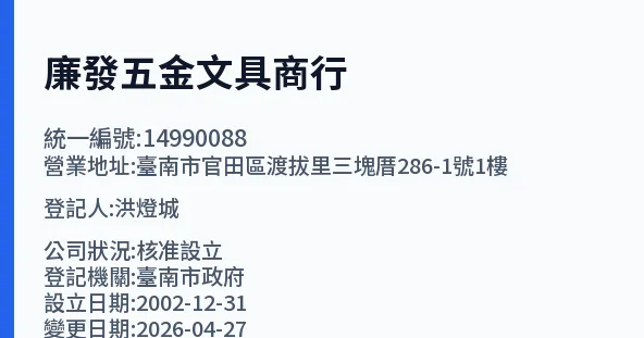 廉發五金文具商行的照片-統編 14990088(臺南市) 公司登記資料與營業項目詳細圖表