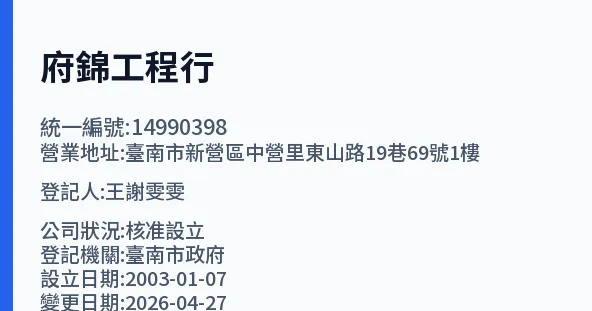 府錦工程行的照片-統編 14990398(臺南市) 公司登記資料與營業項目詳細圖表