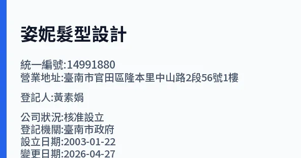 姿妮髮型設計的照片-統編 14991880(臺南市) 公司登記資料與營業項目詳細圖表