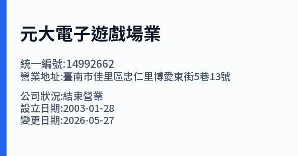 元大電子遊戲場業的照片-統編 14992662(臺南市) 公司登記資料與營業項目詳細圖表