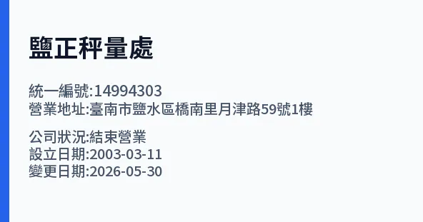 鹽正秤量處的照片-統編 14994303(臺南市) 公司登記資料與營業項目詳細圖表