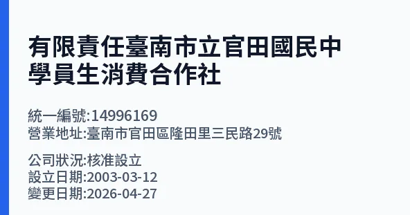 有限責任臺南市立官田國民中學員生消費合作社的照片-統編 14996169(臺南市) 公司登記資料與營業項目詳細圖表
