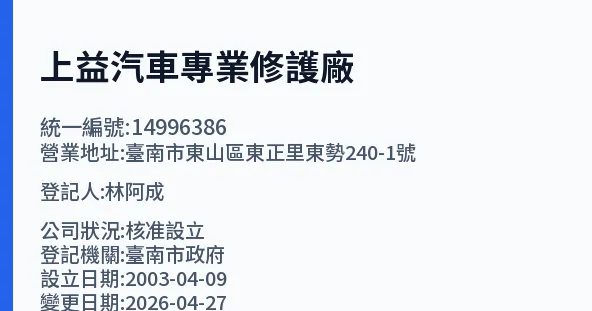 上益汽車專業修護廠的照片-統編 14996386(臺南市) 公司登記資料與營業項目詳細圖表