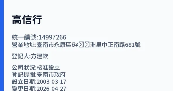 高信行的照片-統編 14997266(臺南市) 公司登記資料與營業項目詳細圖表