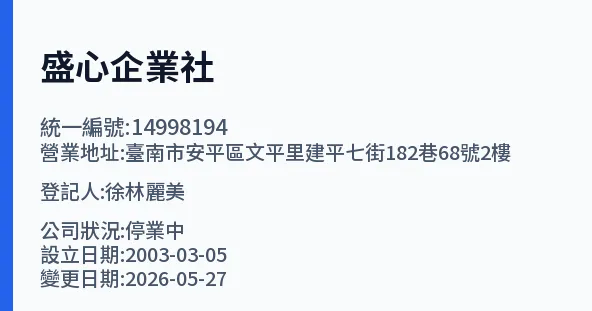 盛心企業社的照片-統編 14998194(臺南市) 公司登記資料與營業項目詳細圖表