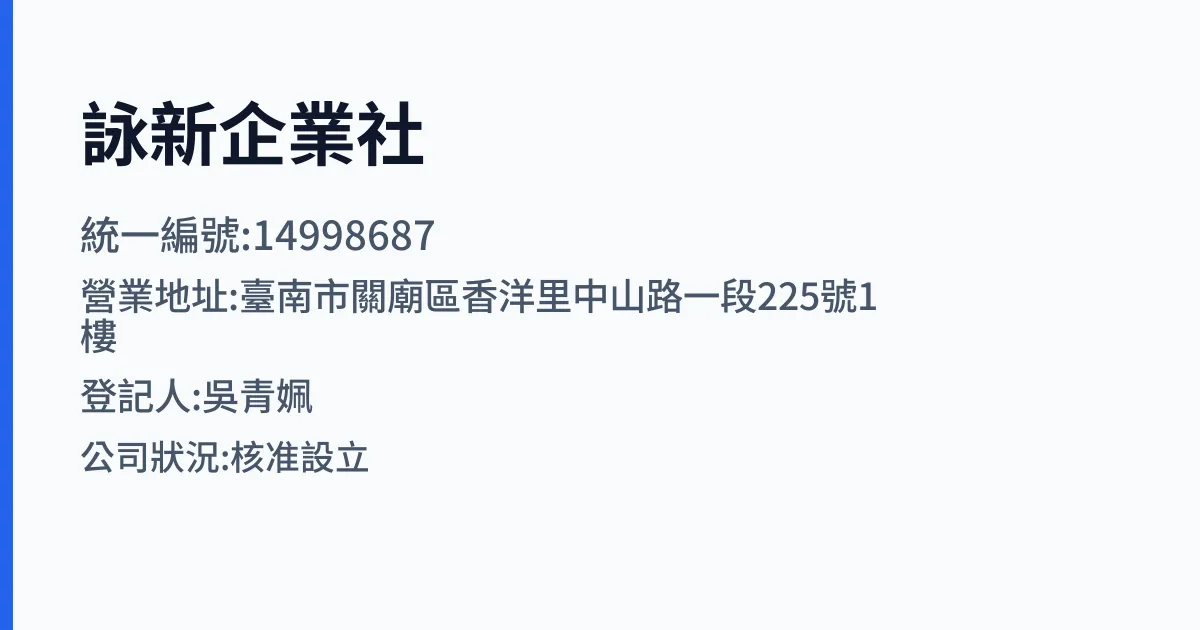 詠新企業社 - 統編 14998687(臺南市) 公司登記資料與營業項目詳細圖表