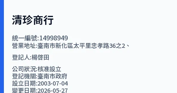清珍商行的照片-統編 14998949(臺南市) 公司登記資料與營業項目詳細圖表