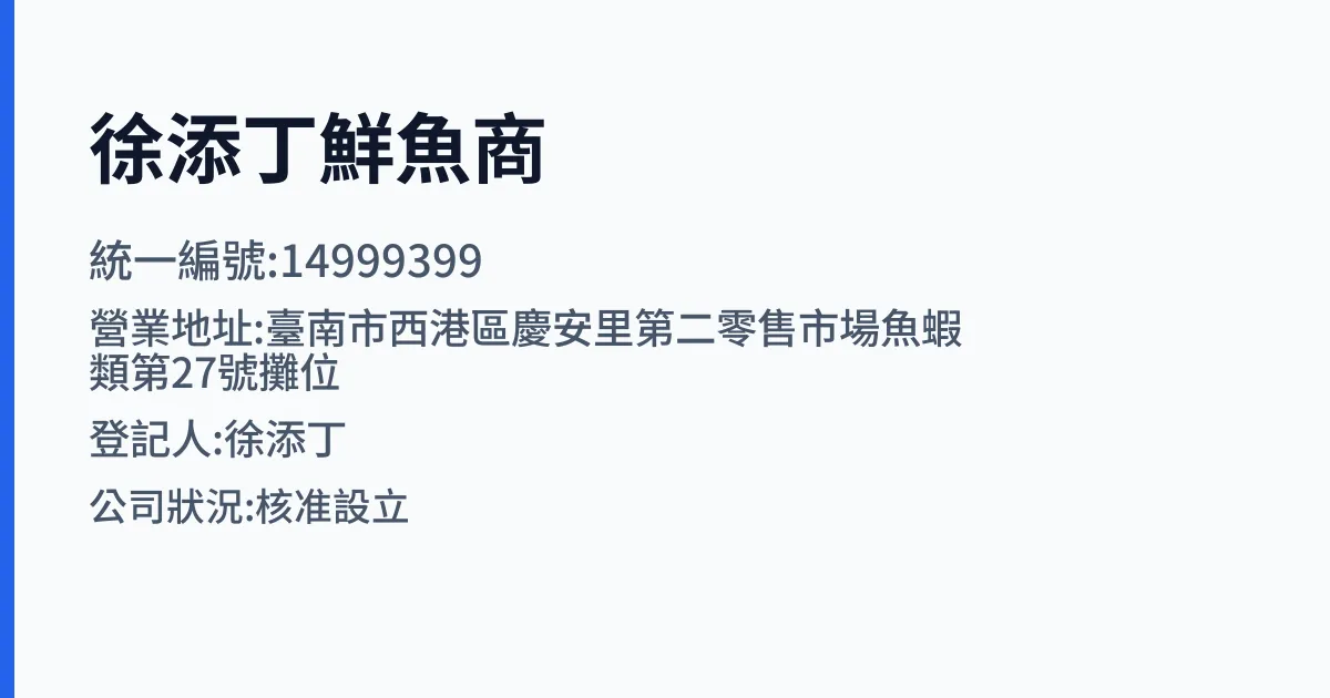 徐添丁鮮魚商 - 統編 14999399(臺南市) 公司登記資料與營業項目詳細圖表
