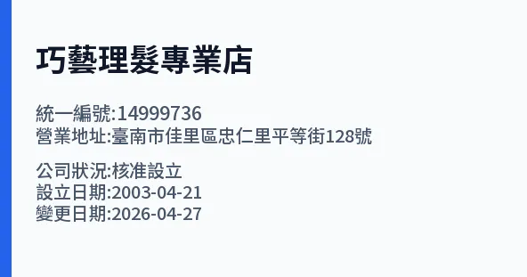 巧藝理髮專業店的照片-統編 14999736(臺南市) 公司登記資料與營業項目詳細圖表