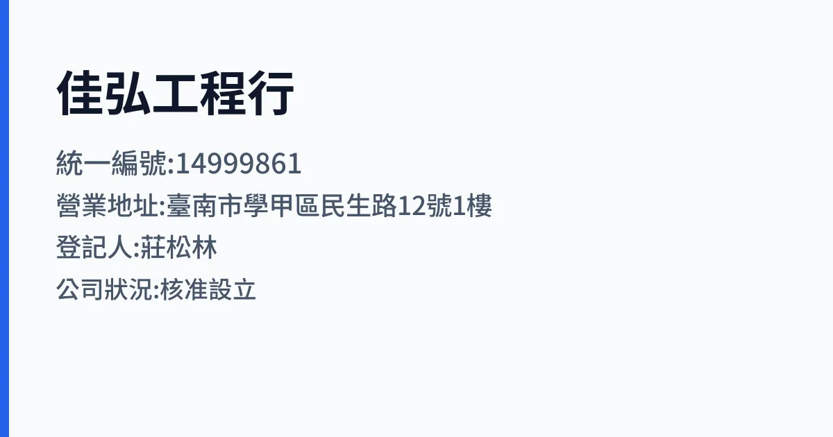 佳弘工程行 - 統編 14999861(臺南市) 公司登記資料與營業項目詳細圖表