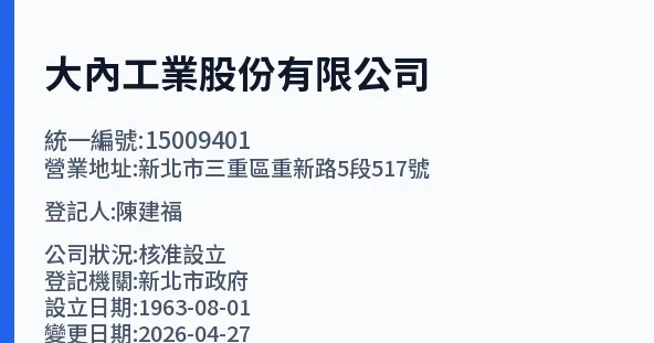 大內工業股份有限公司的照片-統編 15009401(新北市) 公司登記資料與營業項目詳細圖表