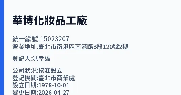 華博化妝品工廠的照片-統編 15023207(臺北市) 公司登記資料與營業項目詳細圖表