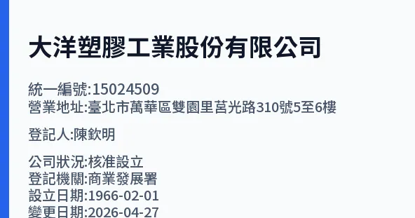 大洋塑膠工業股份有限公司的照片-統編 15024509(臺北市) 公司登記資料與營業項目詳細圖表