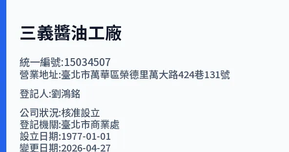 三義醬油工廠的照片-統編 15034507(臺北市) 公司登記資料與營業項目詳細圖表