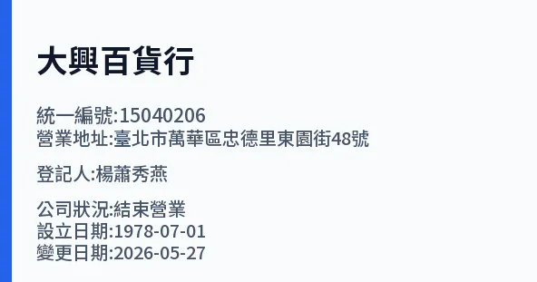 大興百貨行的照片-統編 15040206(臺北市) 公司登記資料與營業項目詳細圖表