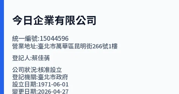 今日企業有限公司的照片-統編 15044596(臺北市) 公司登記資料與營業項目詳細圖表