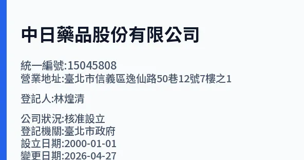 中日藥品股份有限公司的照片-統編 15045808(臺北市) 公司登記資料與營業項目詳細圖表