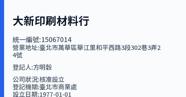 大新印刷材料行的照片-統編 15067014(臺北市) 公司登記資料與營業項目詳細圖表