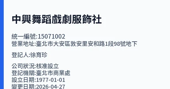 中興舞蹈戲劇服飾社的照片-統編 15071002(臺北市) 公司登記資料與營業項目詳細圖表