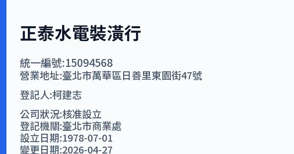 正泰水電裝潢行的照片-統編 15094568(臺北市) 公司登記資料與營業項目詳細圖表