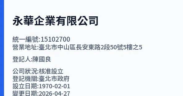 永華企業有限公司的照片-統編 15102700(臺北市) 公司登記資料與營業項目詳細圖表