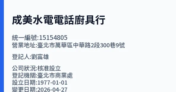 成美水電電話廚具行的照片-統編 15154805(臺北市) 公司登記資料與營業項目詳細圖表