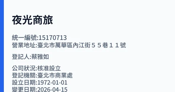 夜光商旅的照片-統編 15170713(臺北市) 公司登記資料與營業項目詳細圖表